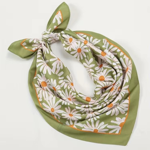 Accessories | Cottagecore Floral Scarf Satin Headscarf Silky Bandana Daisy Flower Green | Poshmark